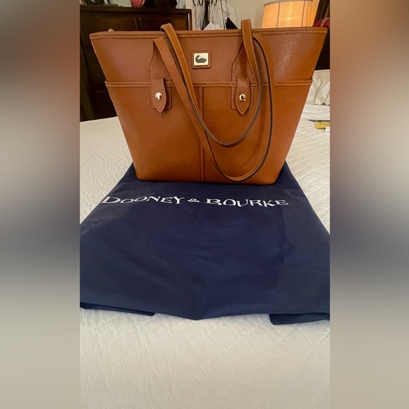 Bags | Dooney Bourke Nana Saffiano Natural Double Pocket Tote Leather Zip Satchels | Poshmark